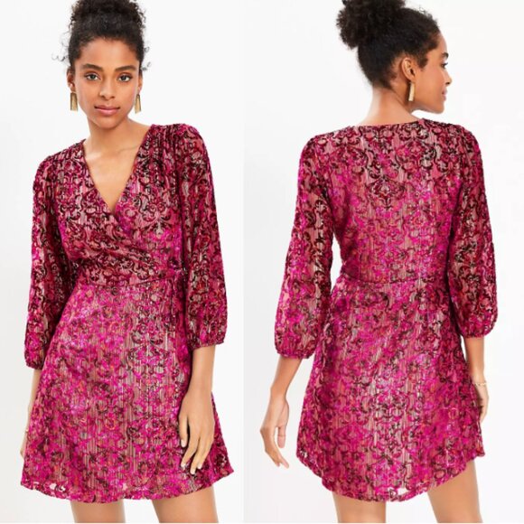 LOFT | Dresses | Nwt Loft Shimmer Floral Velvet Wrap Dress Puff Vneck ...